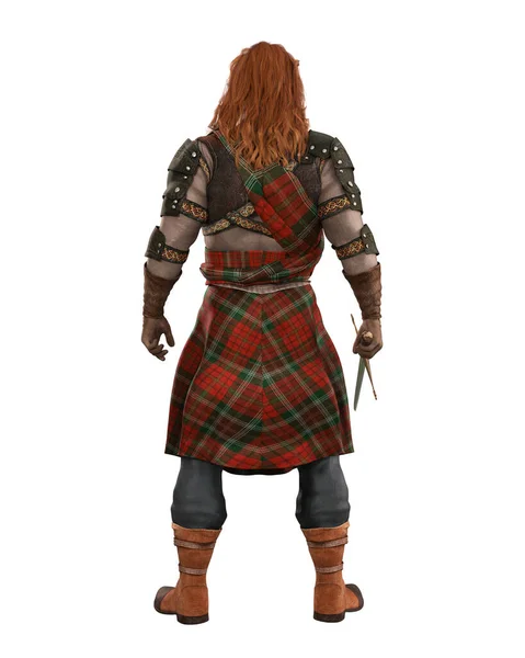 Rear view of strong muscular highland warrior with red hair, wearing a ...