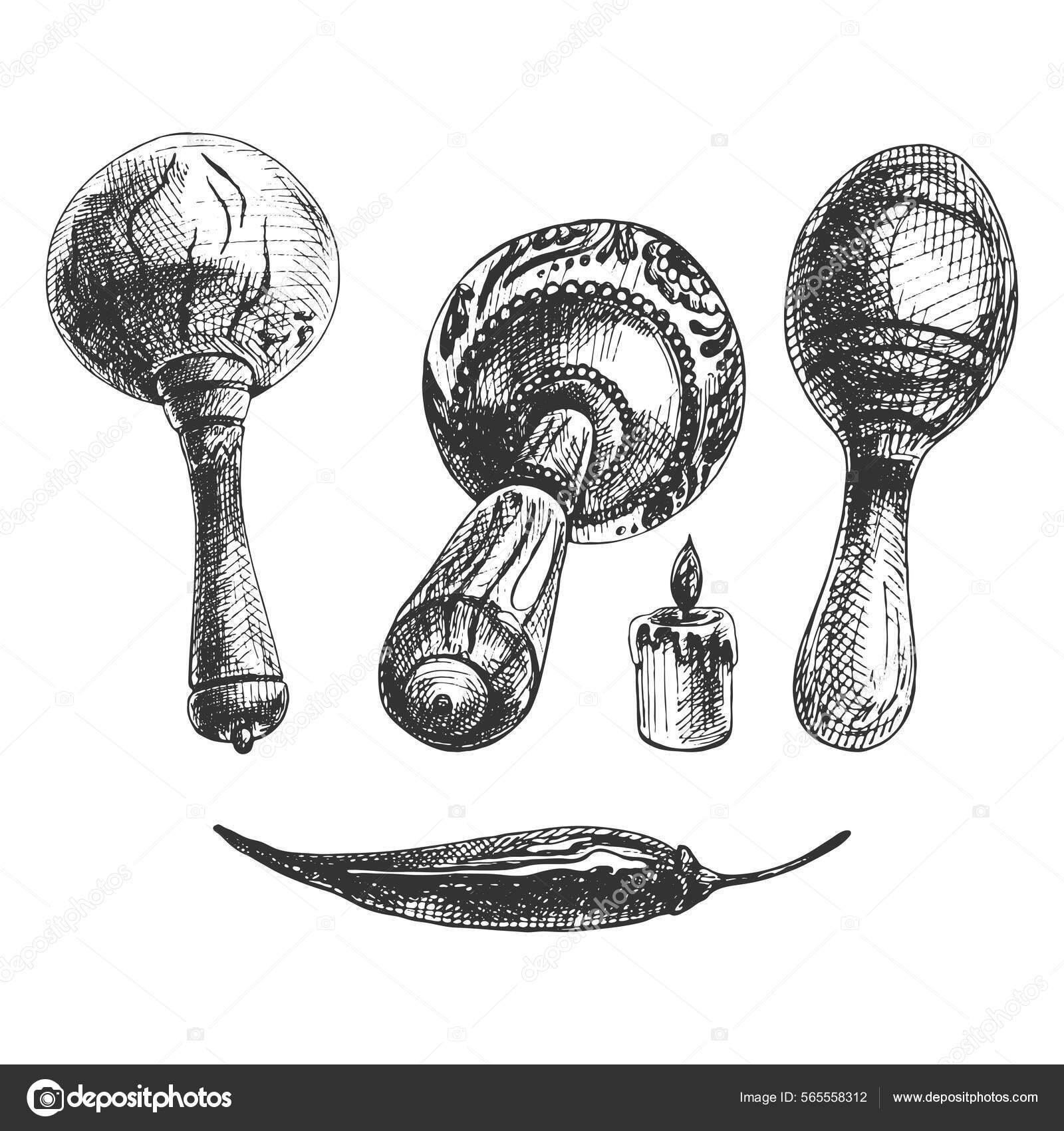 40_Maracas Maracas Black White Engraving Style Icon Detailed Drawing ...