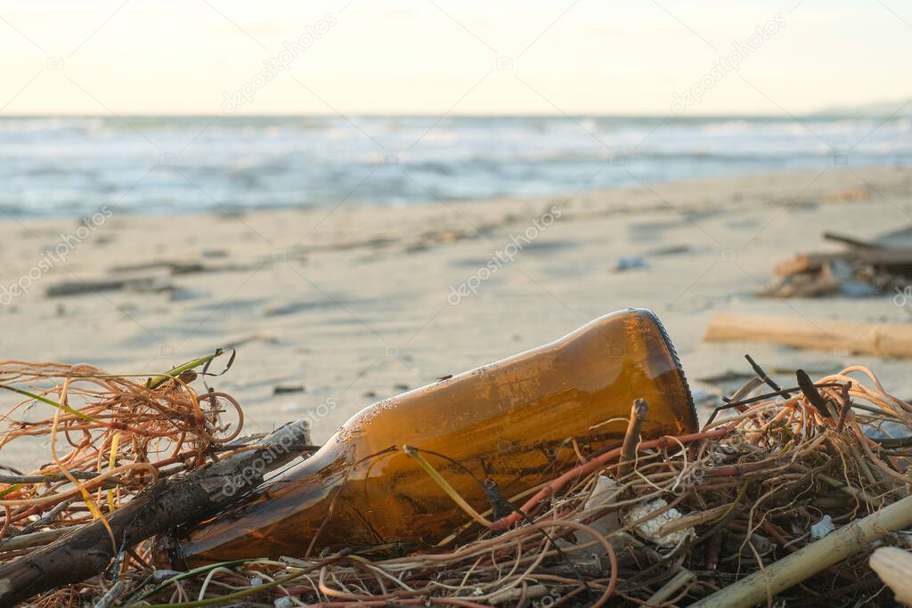 Botella de cerveza de vidrio vacía descartada en el ecosistema marino ...