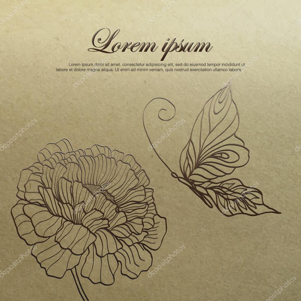 Flower and butterfly from vintage-style botanical drawing on background ...
