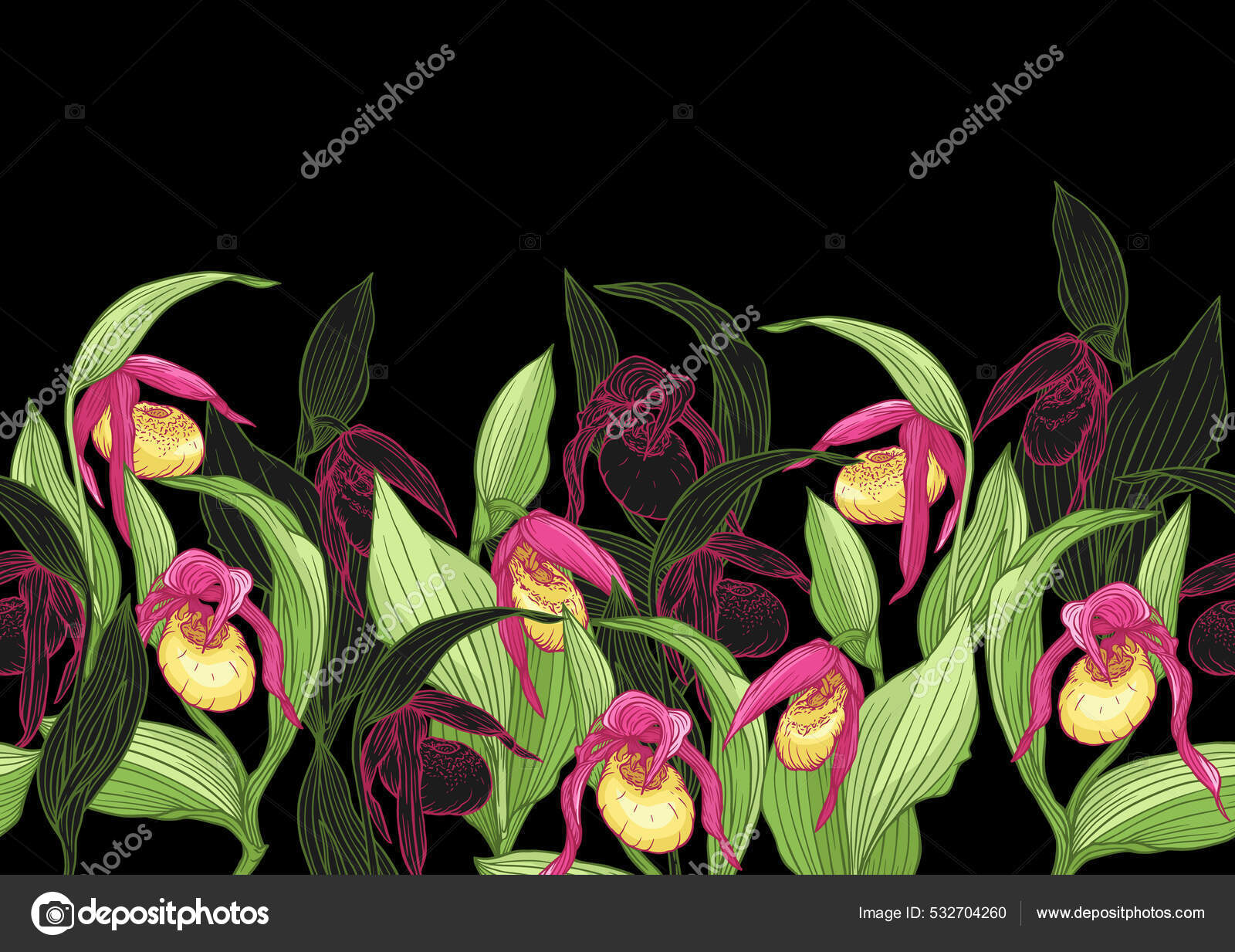 Ladys slipper orchid, Cypripedioideae, Seamless pattern, background ...