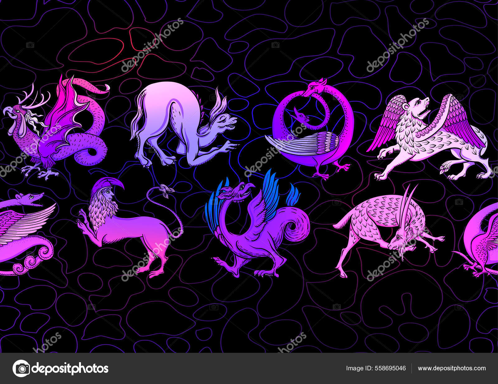 Medieval mythical animals, illuminati manuscript inspiration, Stock ...