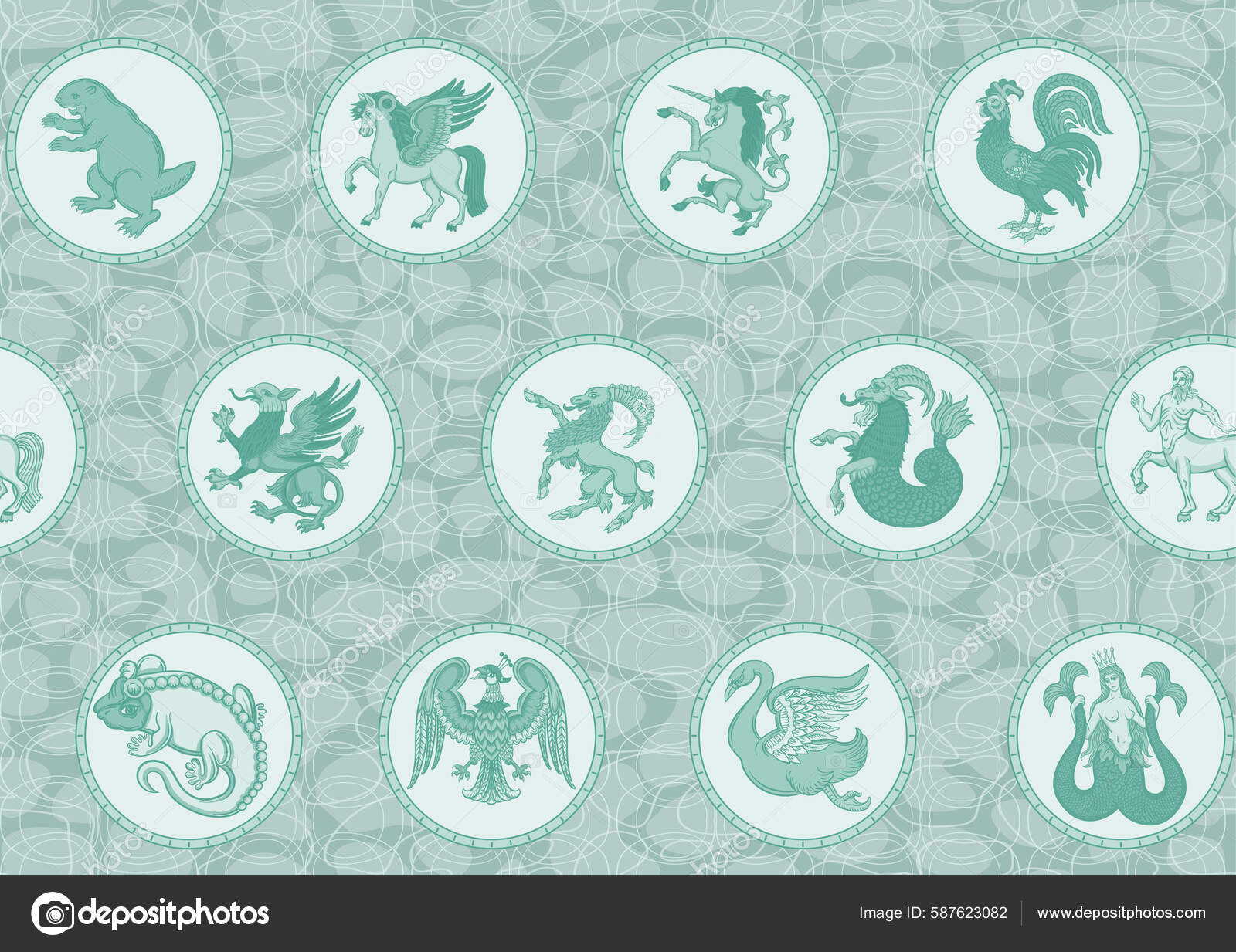 Symbolic Heraldic Animals Creatures Classic Traditional Design ...