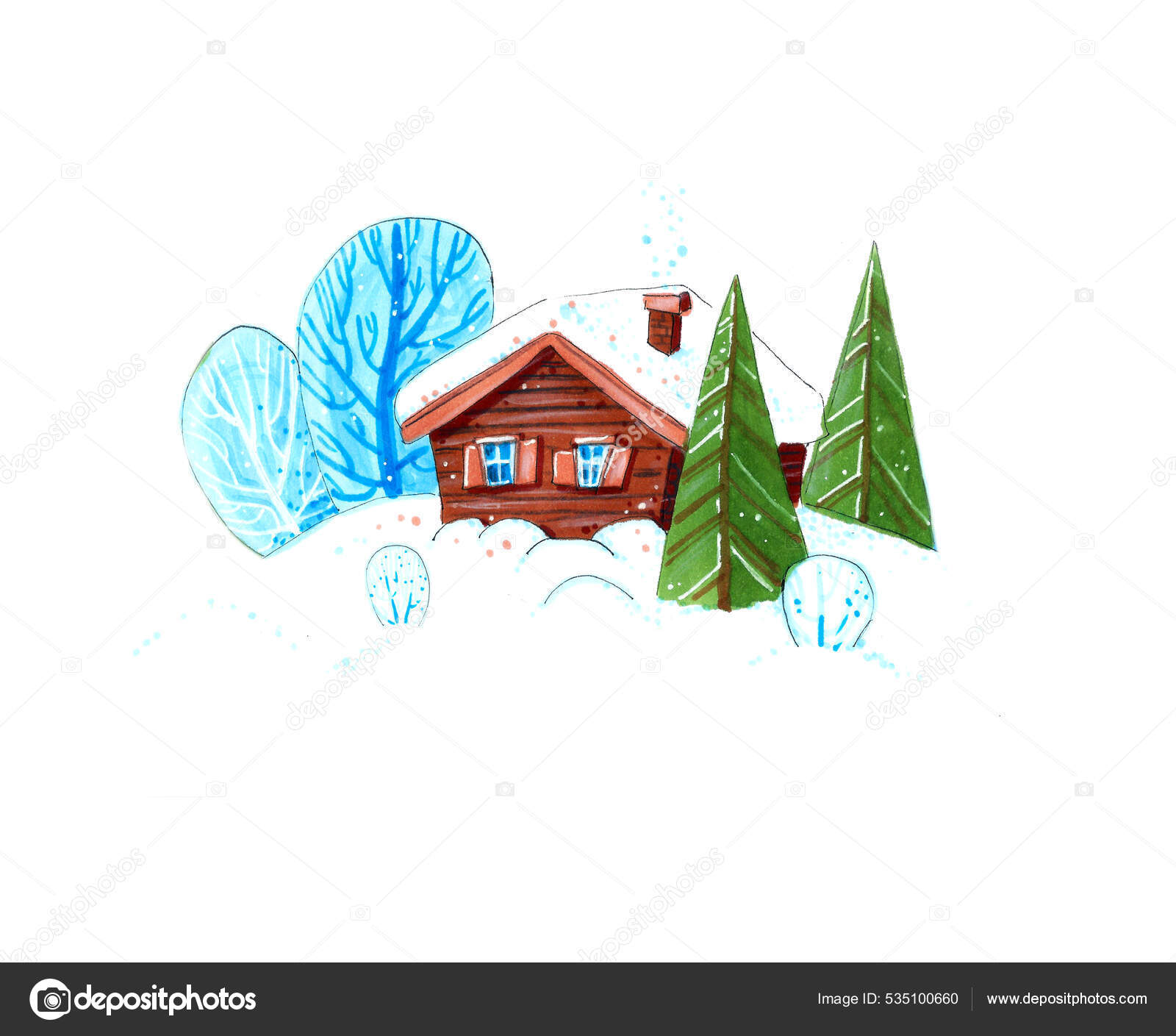 Winter House Drawings Watercolor Style Isolated White Stock ...