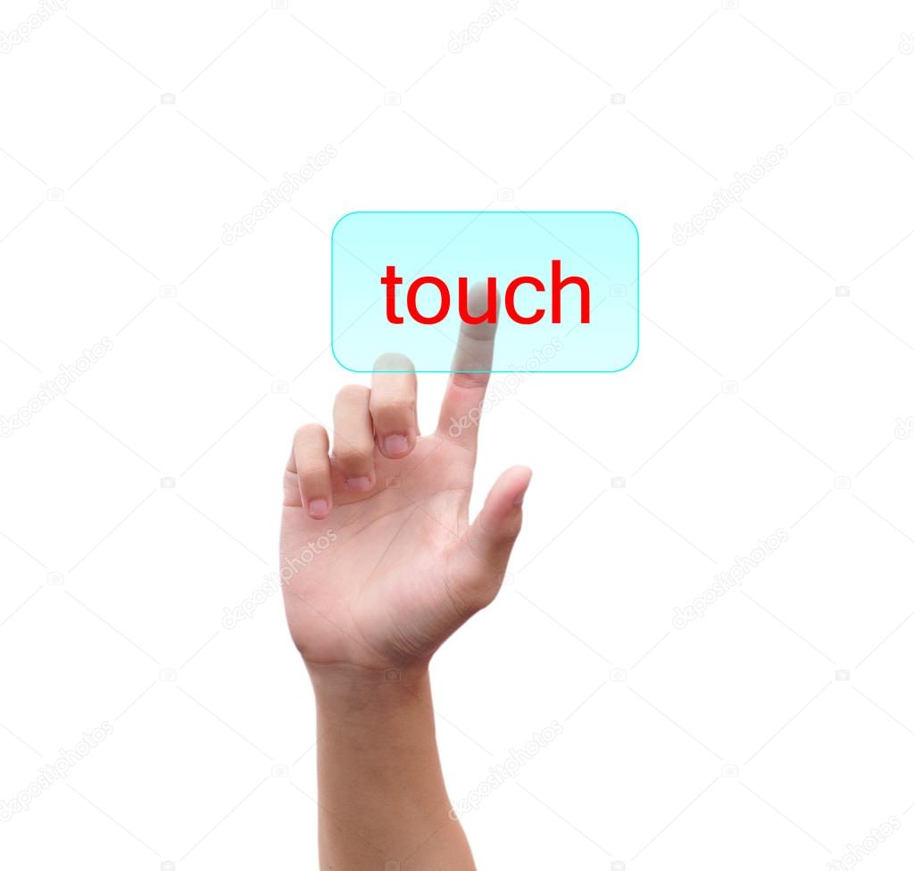 Hand pushing a button on a touch screen interface — Stock Photo ...