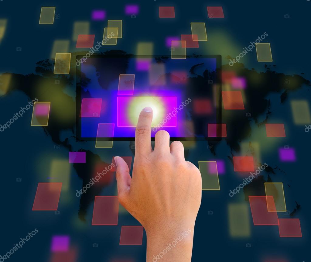 Hand pushing a button on a touch screen interface — Stock Photo ...