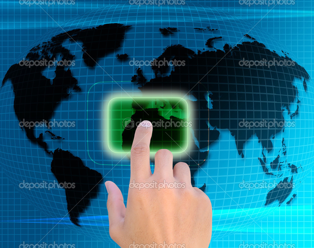 Hand pushing a button on a touch screen interface — Stock Photo ...