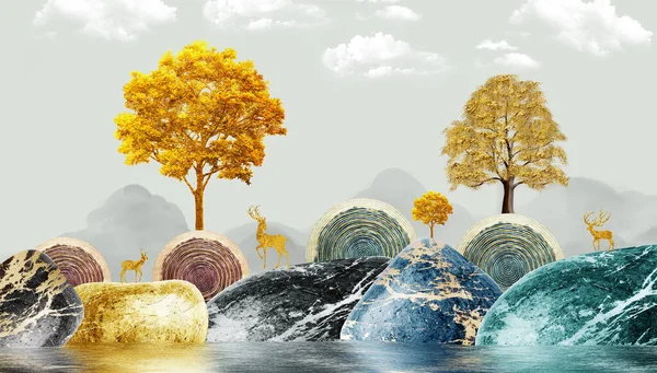 3d Chinese landscape wallpaper. gray background with the golden trees ...
