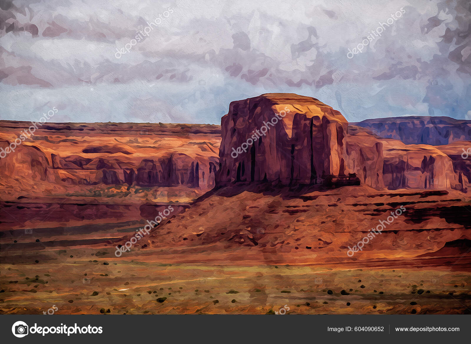 Digitally Created Watercolor Painting Single Gigantic Butte Monument ...