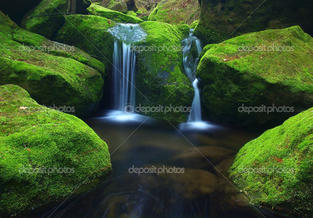Vista de la cascada de otoño en roca basáltica, hojas de colores, rocas ...