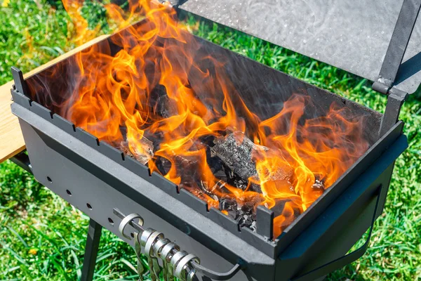 Burning flame of wood fire in the outdoor.shashlik bakery in summer ...