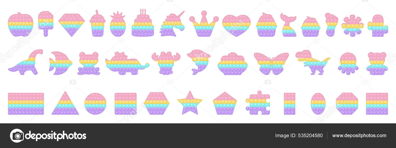 Big set of popit birthday, dinosaur and various forms pop it a trendy pastel fidget toys ...