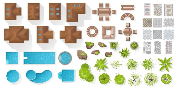 Set of elements top view for landscape design. Buildings and trees for ...
