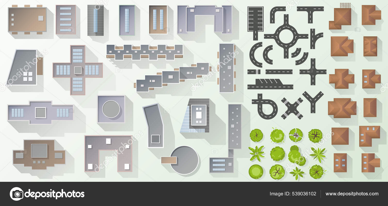 Set of elements top view for landscape design. Buildings and trees for ...