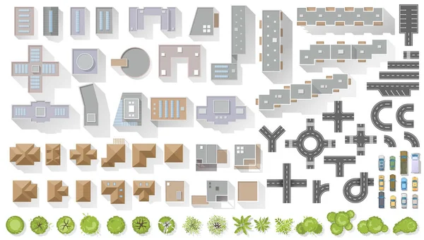 Set of elements top view for landscape design. Buildings and trees for ...
