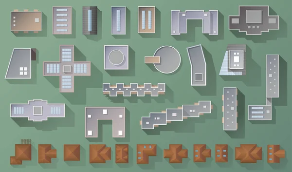 Set of elements top view for landscape design. Buildings and trees for ...