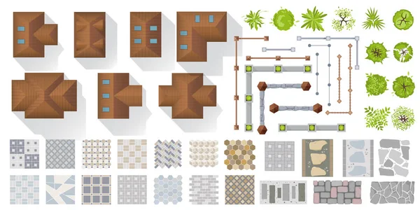 Set of elements top view for landscape design. Buildings and trees for ...