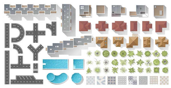 Set of elements top view for landscape design. Buildings and trees for ...