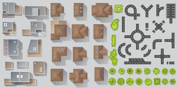 Set of elements top view for landscape design. Buildings and trees for ...