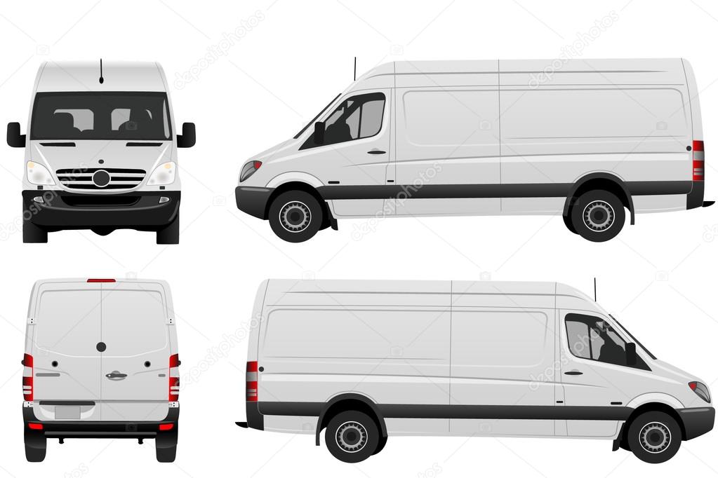 White Mercedes Sprinter van. Front, Back and Side View. premium vector 2024