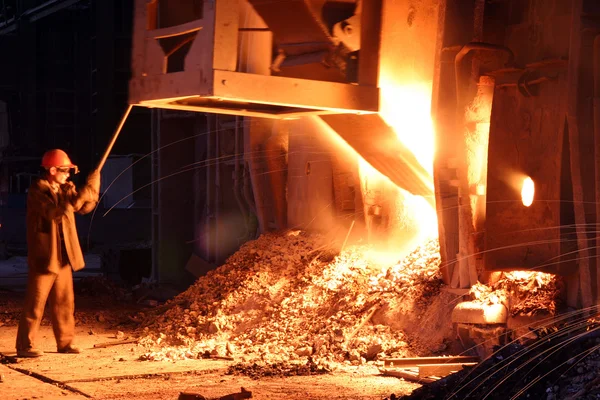 Rare close view of working open hearth furnace at the metallurgi ...
