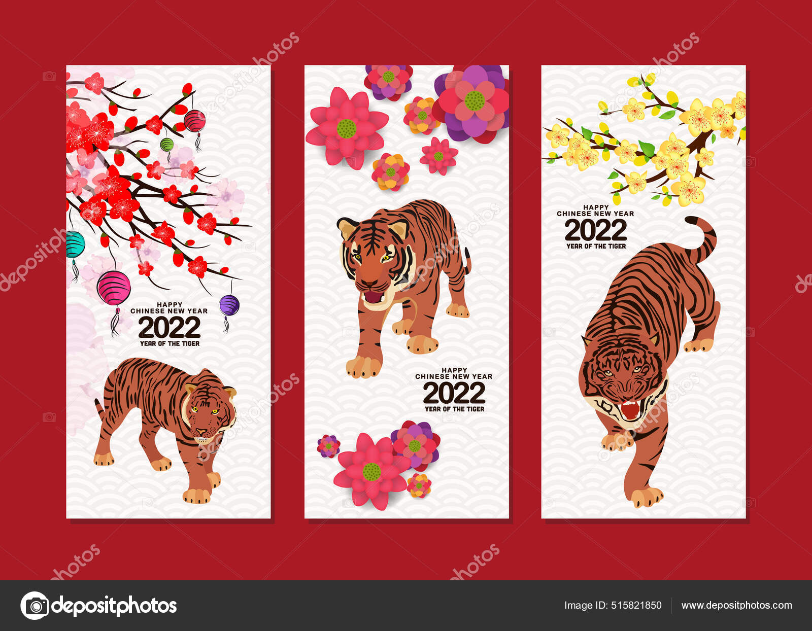 Vertical Hand Drawn Banners Set Chinese New Year Tiger Happy Stock ...