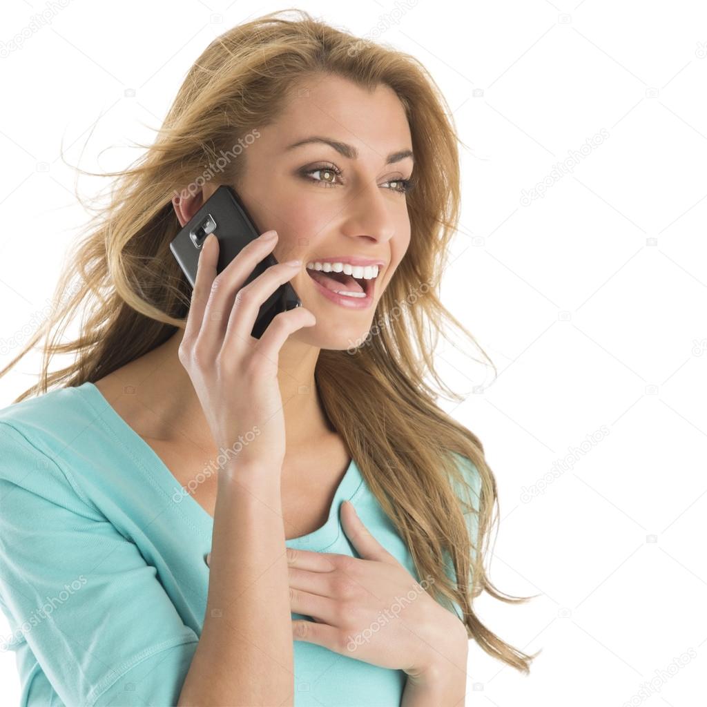 Beautiful Woman Laughing While Using Smart Phone Stock Photo by ... Beautiful Woman Laughing While Using Smart Phone Stock Photo by ...