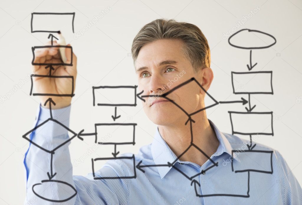 Businessman Drawing Flowchart On Transparent Board — Stock Photo ...