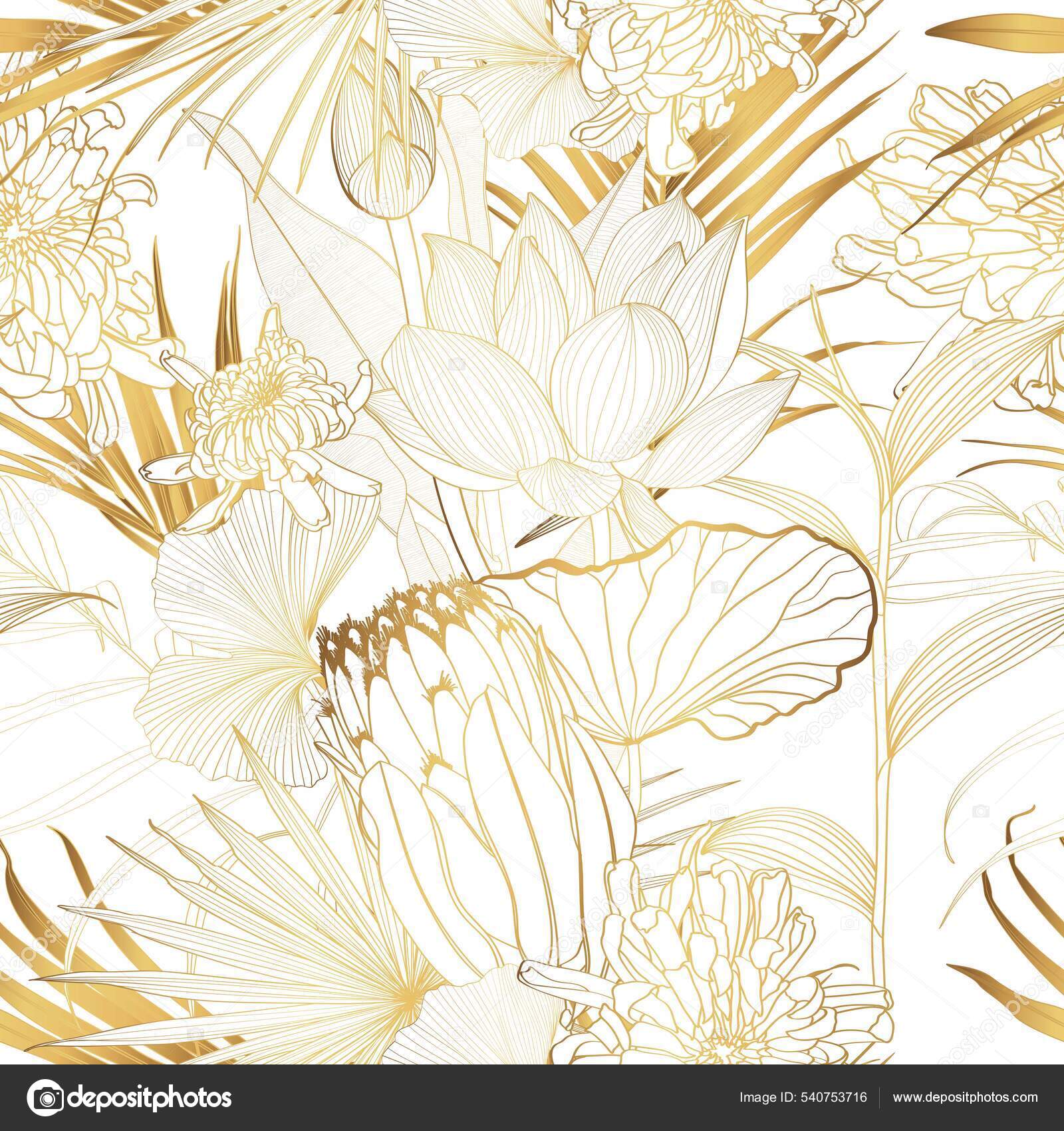 Exotic Tropical Floral Golden Line Flowers Protea Fan Palm Leaves Stock ...