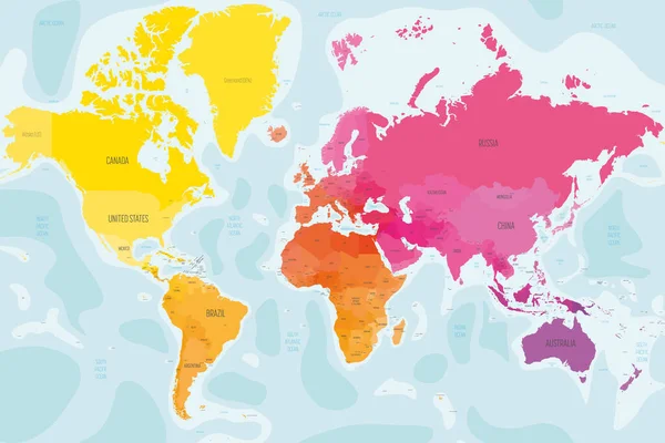 Colorful political map of World divided into six continents on blue ...
