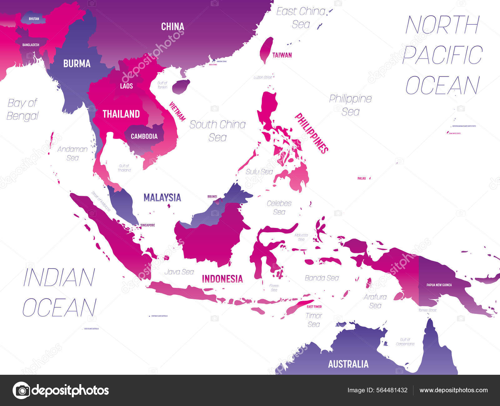Asia Tenggara mendetail peta politik dengan lables Vektor Stok oleh ©pyty 564481432