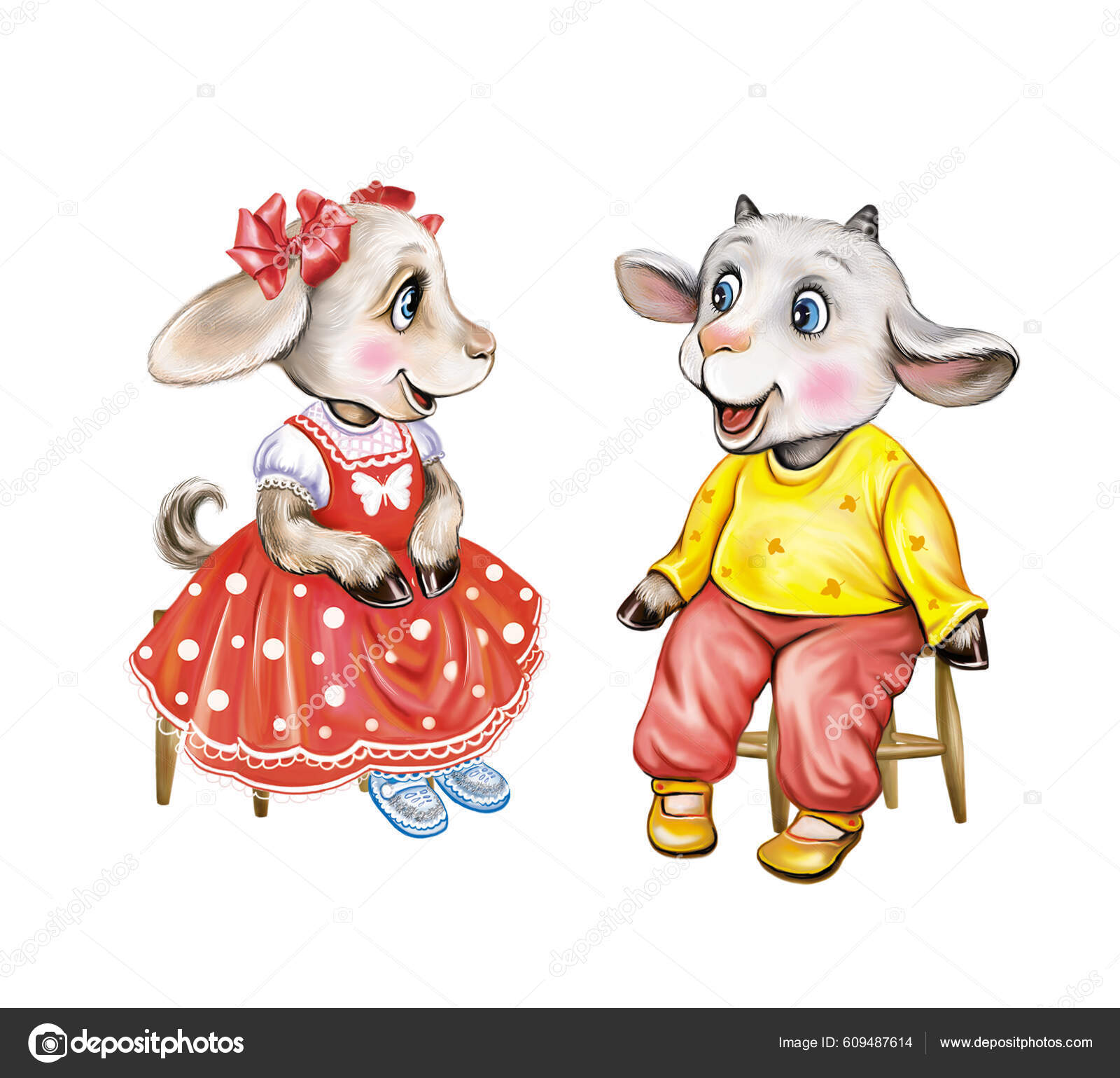 Dois Goatlings Engraçados Sentar Falando Animais Desenhos Animados ...