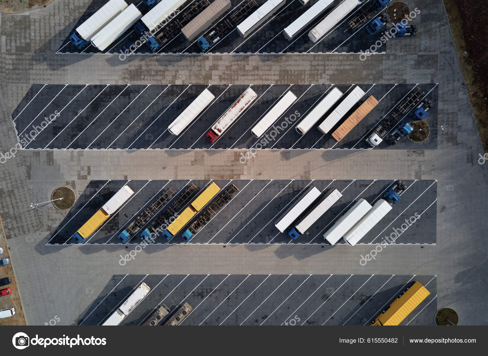Top View Semi Trucks Waiting Loading Parking Lot Logistic Warehouse ...