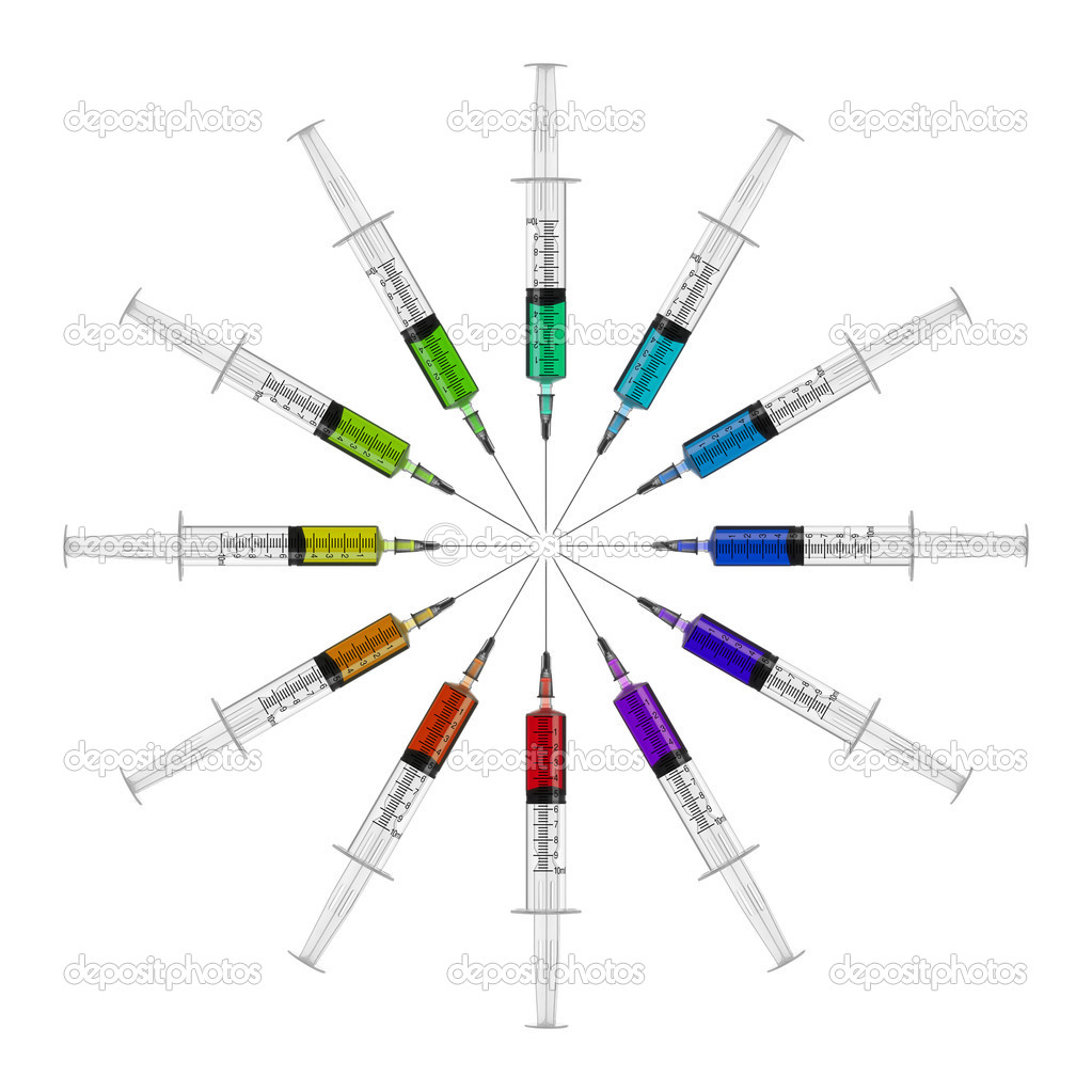 Syringes in a circle with colored liquid Stock Photo by ©Drummatra 47031991