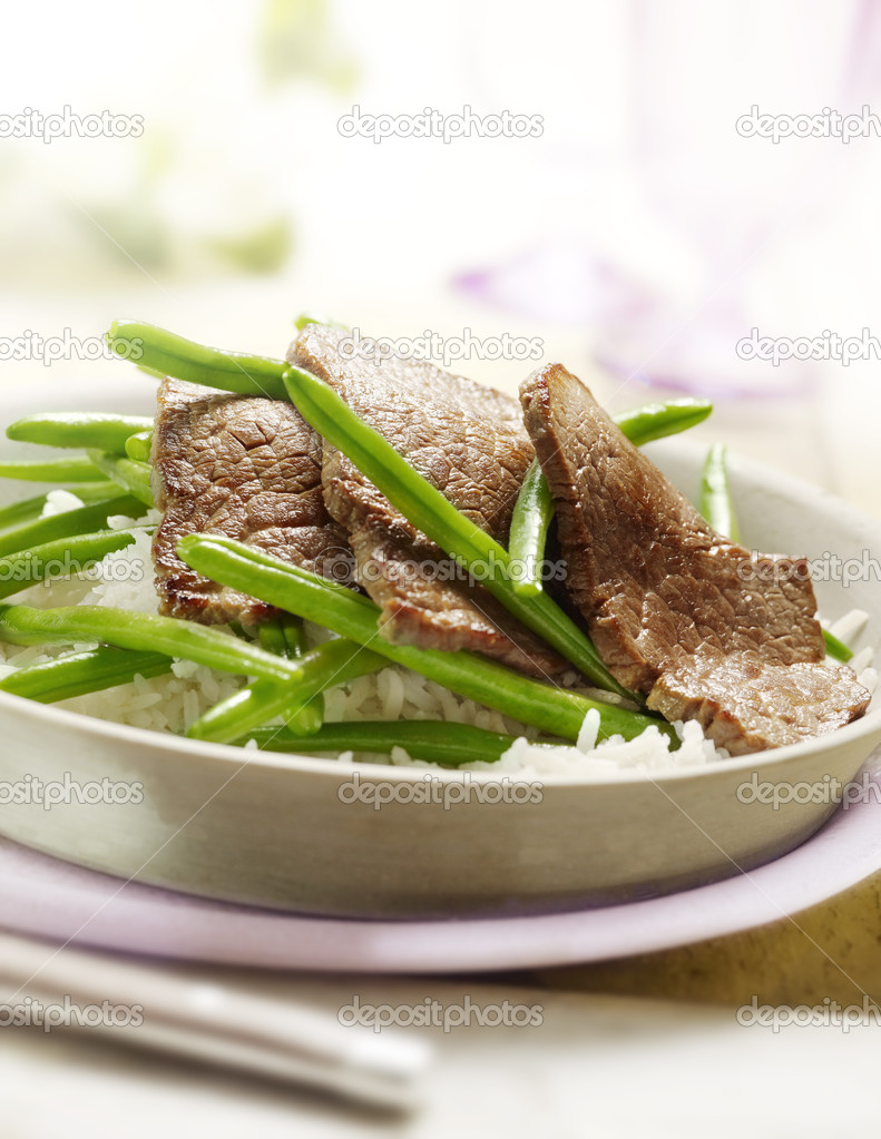 White rice with green beans and steak Stock Photo by ©Greatstock 29489193