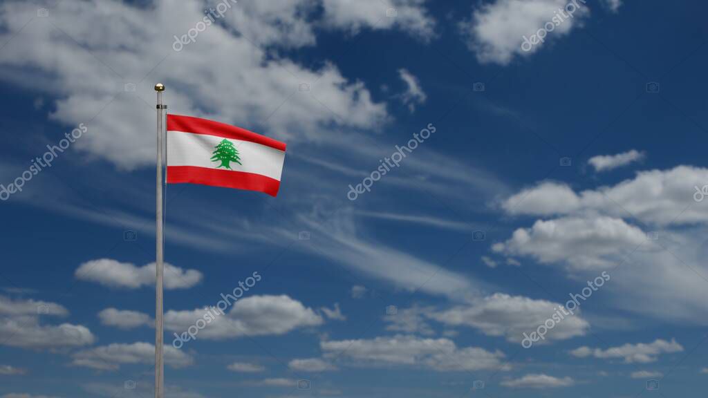 3D, bandera libanesa ondeando en el viento con cielo azul y nubes ...