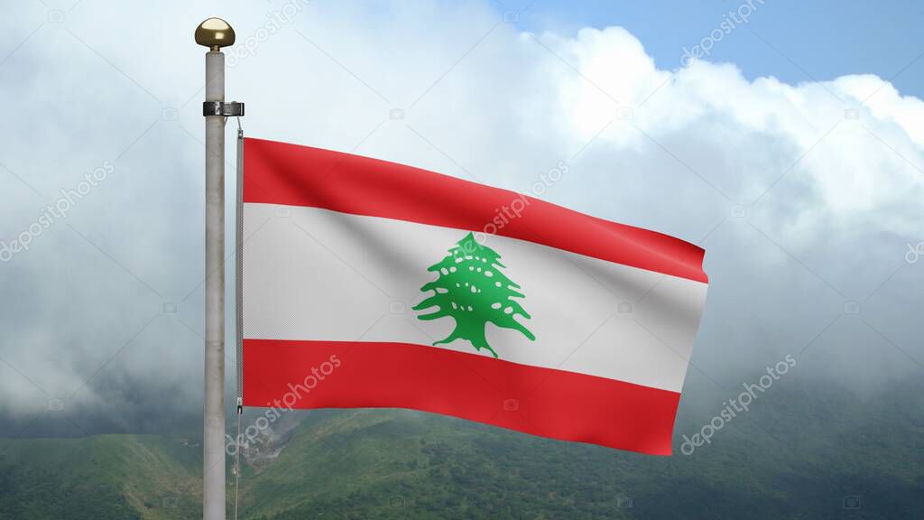 3D, bandera libanesa ondeando en el viento en la montaña. Líbano banner ...