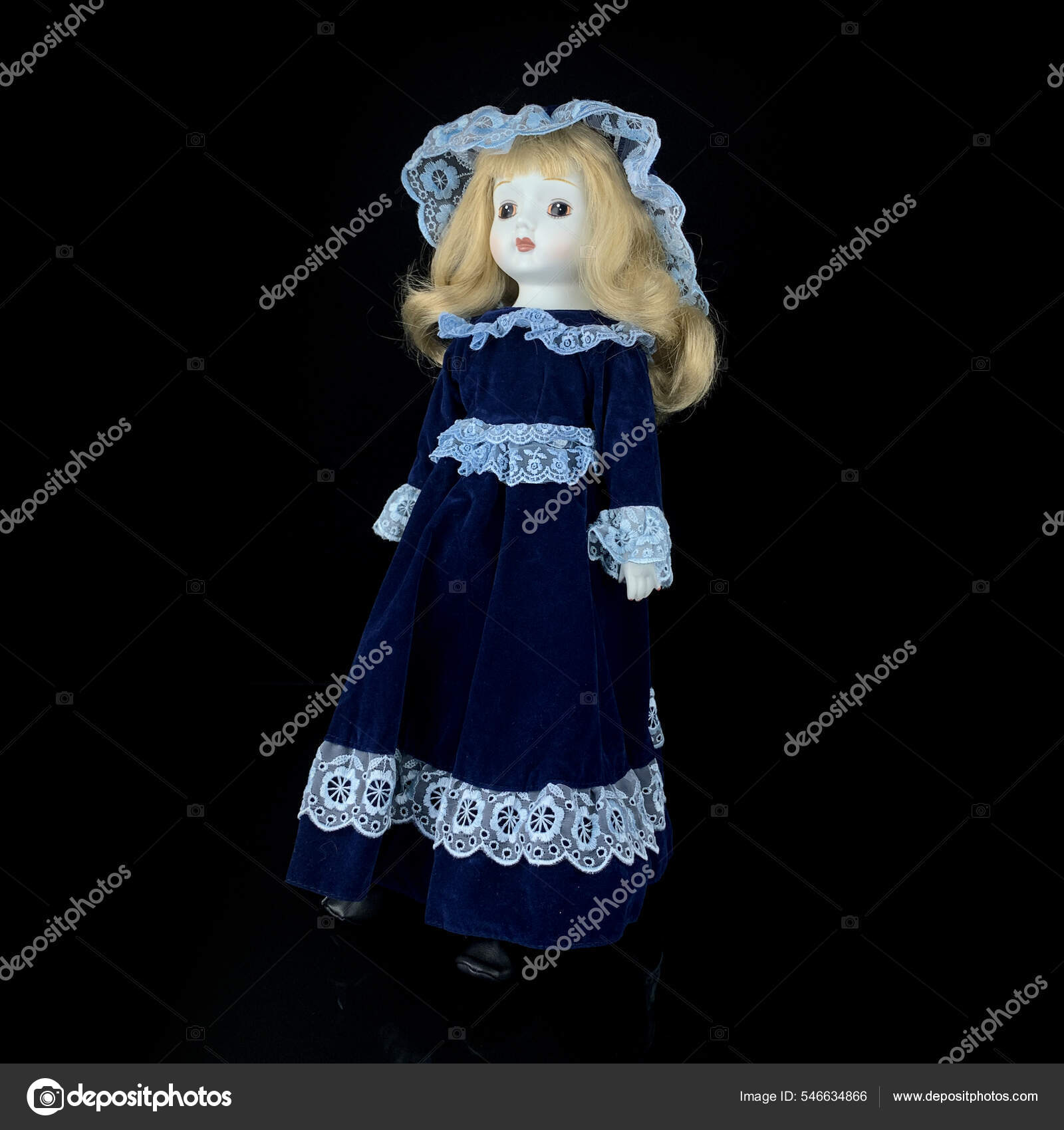 Porcelain Doll Isolated Black Background Ceramic Old Dolly Blue Dresses ...
