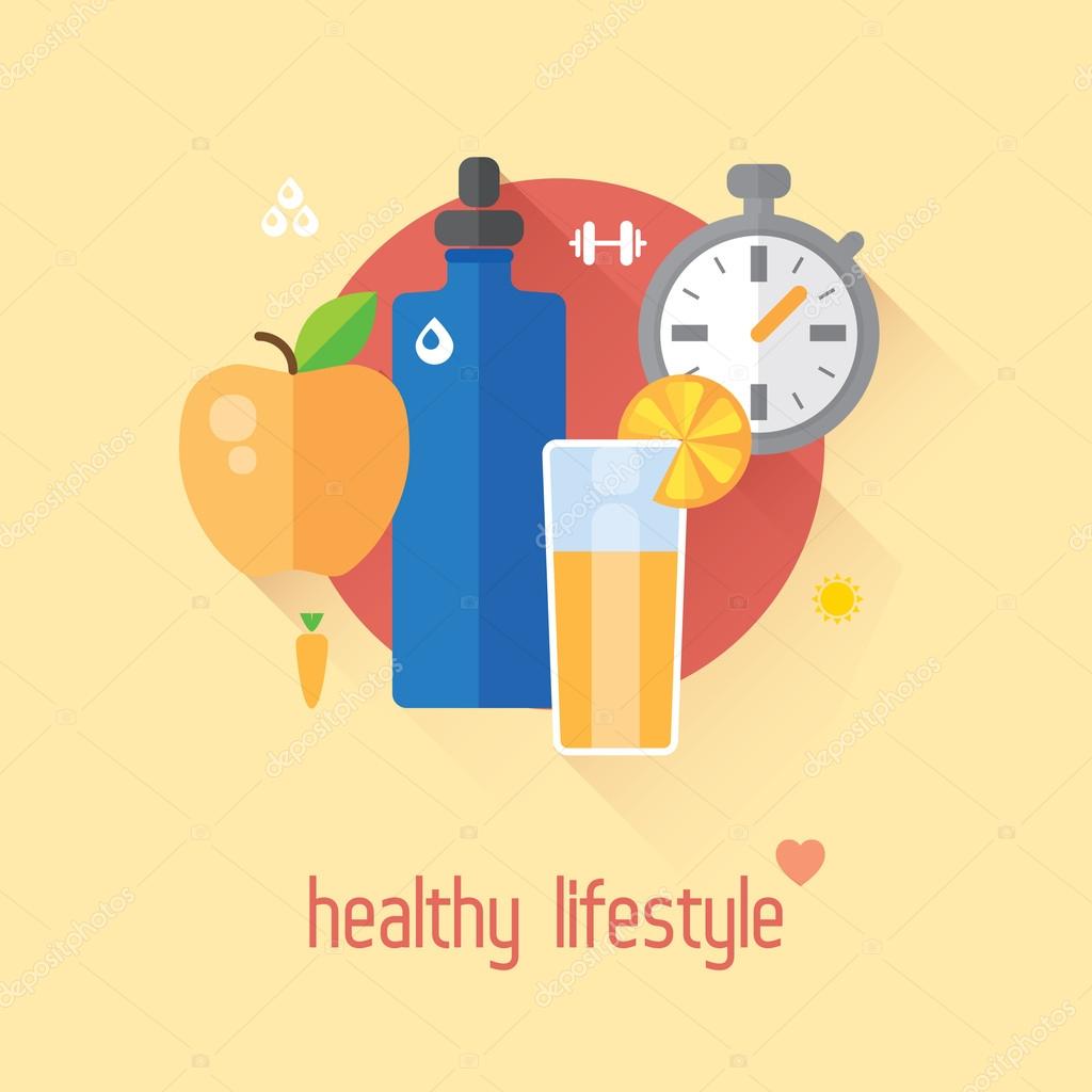 Healthy Lifestyle Flat Illustration Food Water And Sport Stock