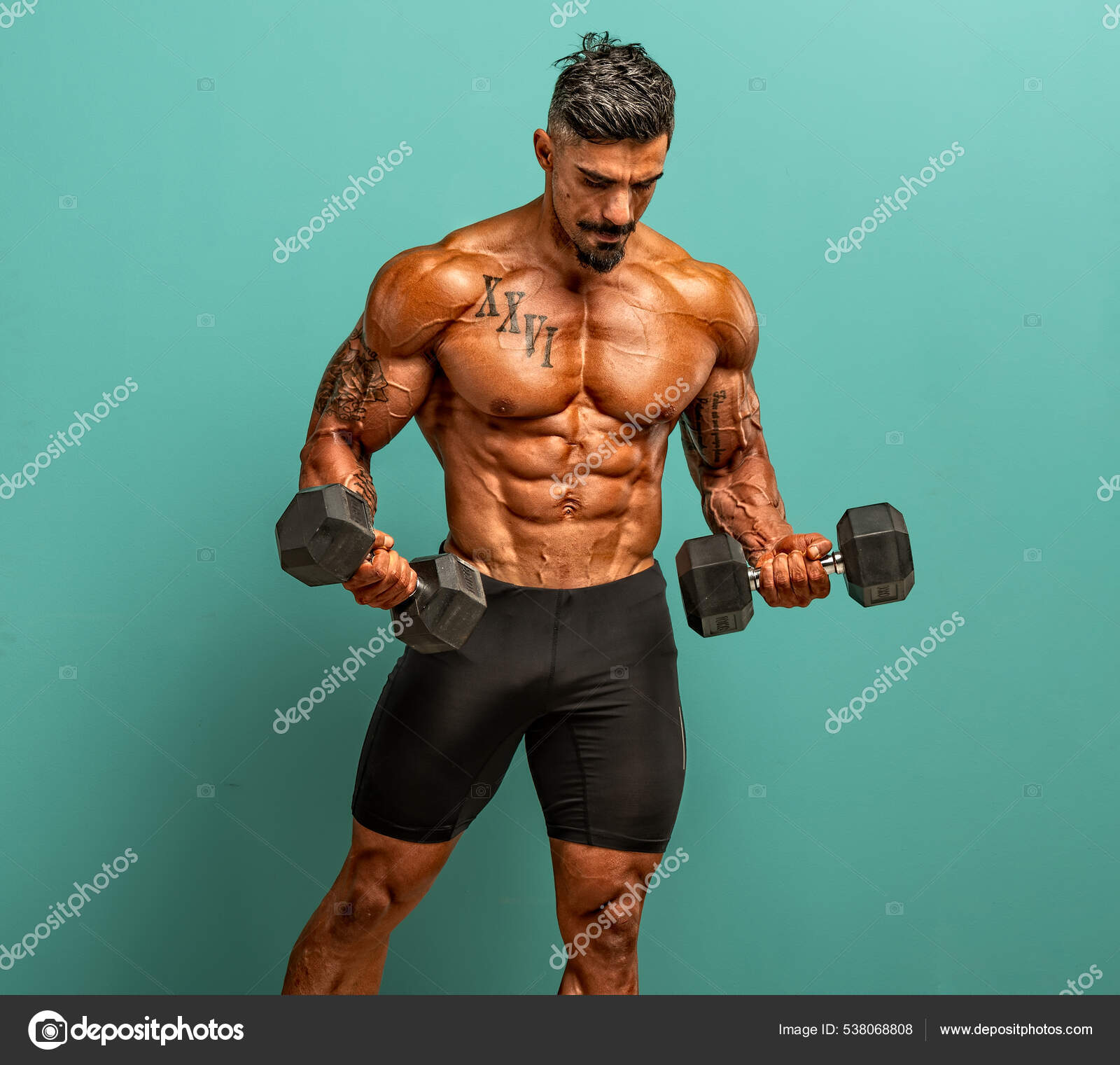 Strong Muscular Men Exercise Weights — Stock Photo © mrbigphoto #538068808