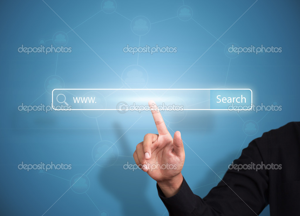 Business hand pressing Search button, Internet technology concept ...