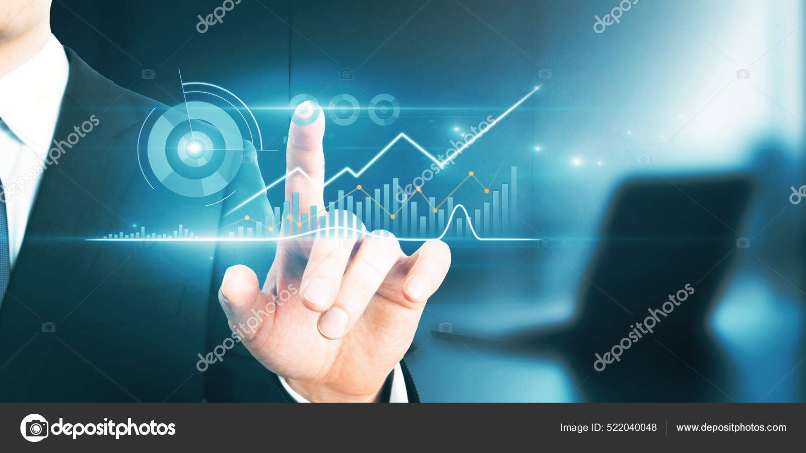Close Businessman Hand Pointing Abstract Glowing Business Chart Blurry ...