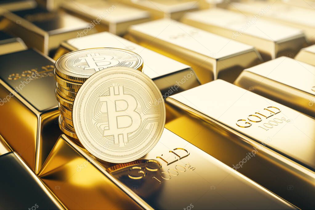 Concepto de oro digital y blockchain con monedas de oro Bitcoin sobre ...