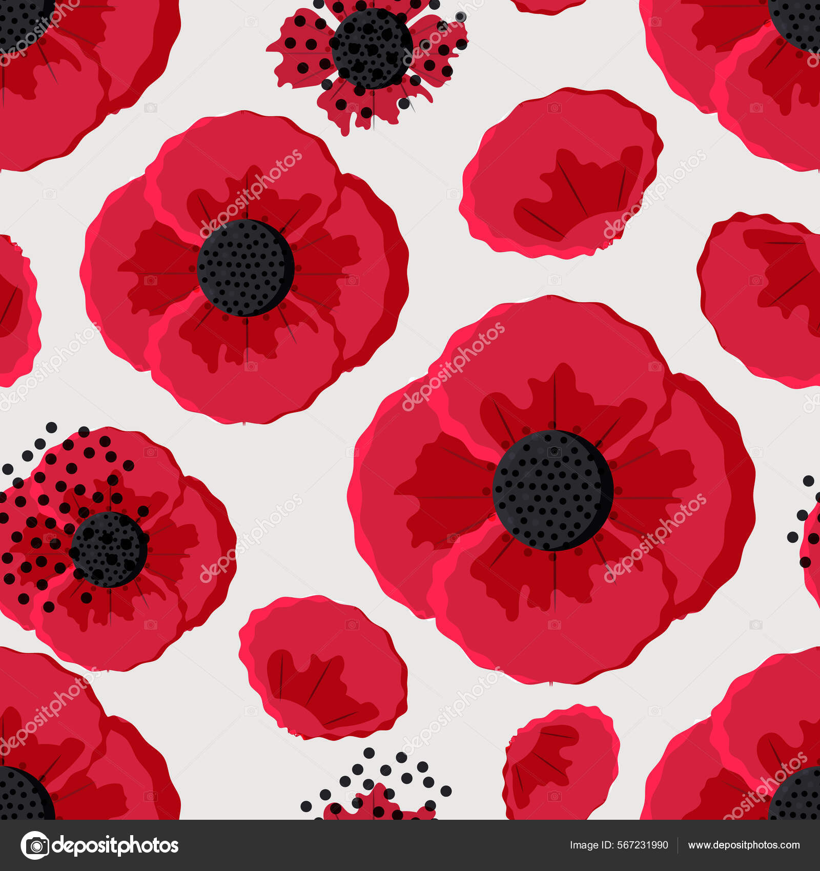 Red Poppies Light Gray Background Seamless Pattern Spring Flowers ...