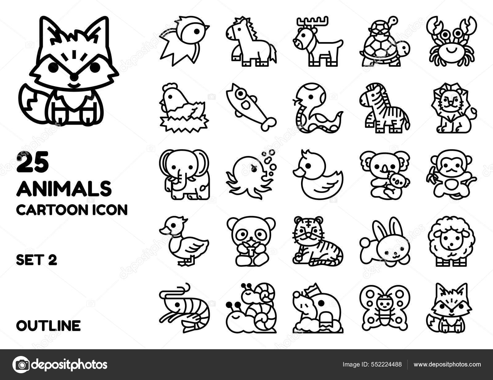 Animal Outline Icon Vector Set Cute Cartoon Design Illustration Line ...