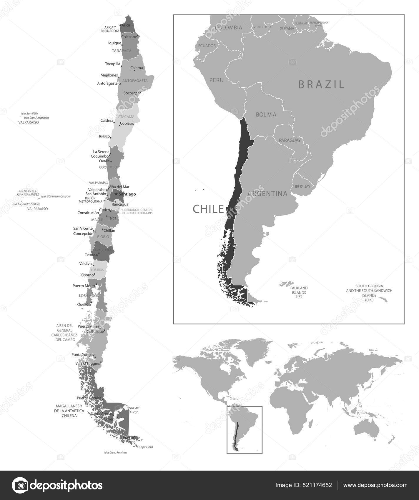Chile Mapa Blanco Negro Muy Detallado Ilustración Vectorial Vector de ...