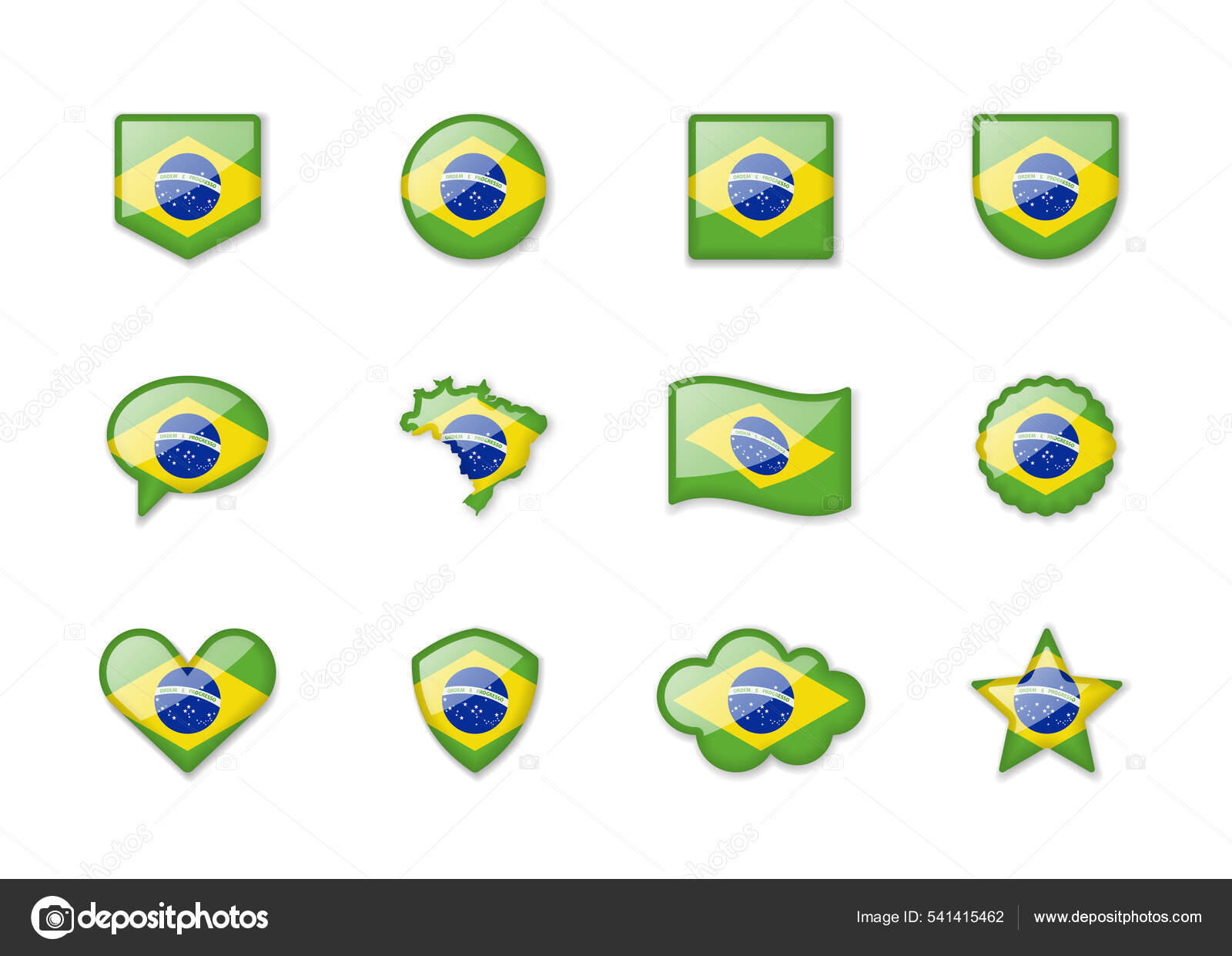 Brazil Set Shiny Flags Different Shapes Vector Illustration Stock ...