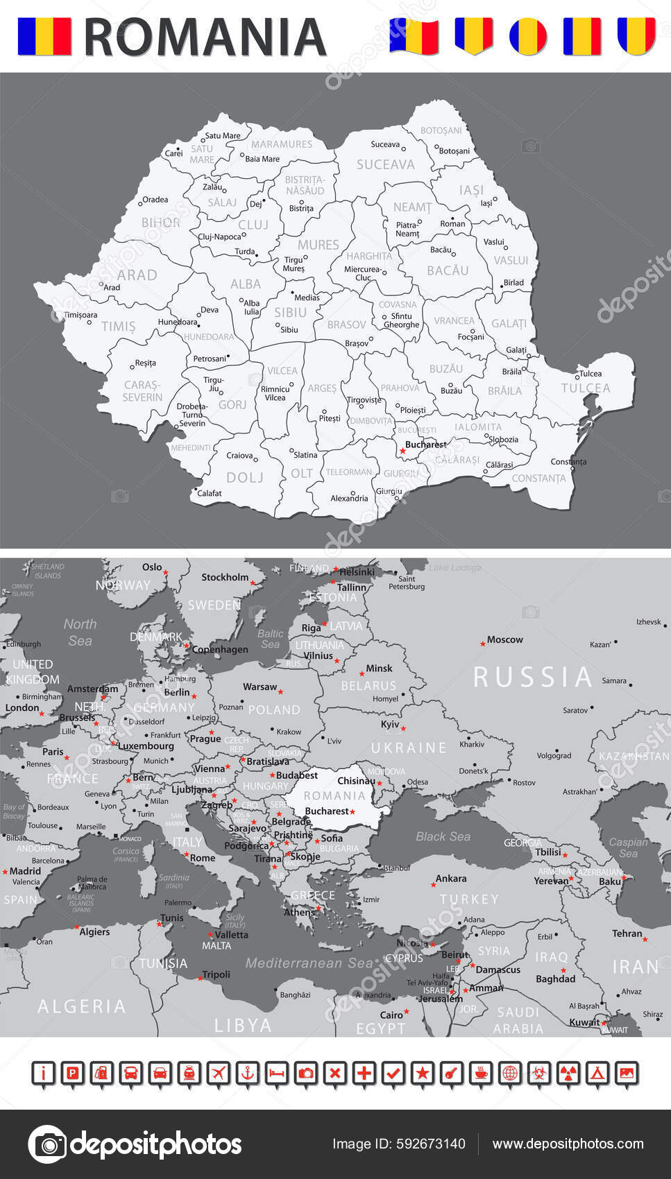 Romania Map Vector Infographic Set Vector Illustration Vetor de stock ...