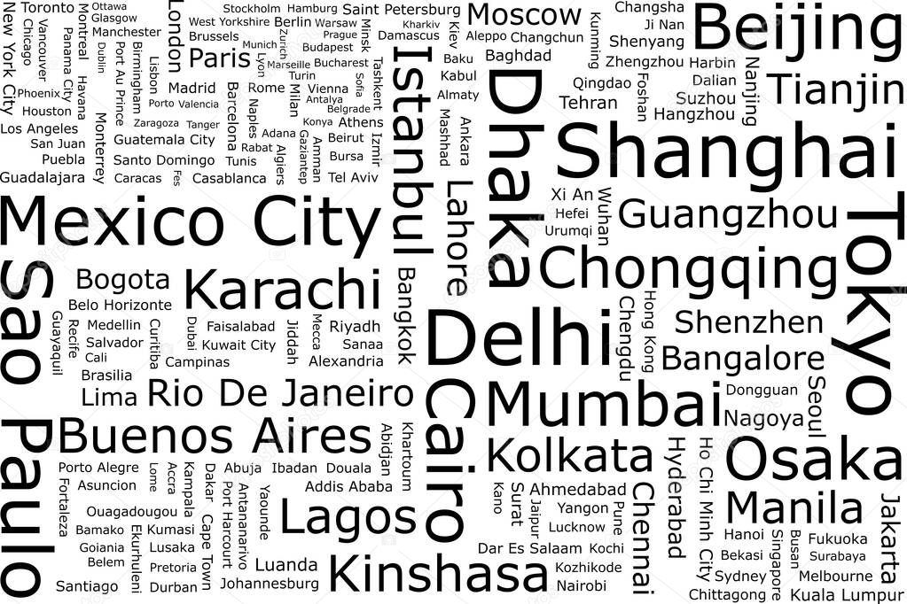 Nombres de ciudades en el fondo blanco ordenados por su población y ...