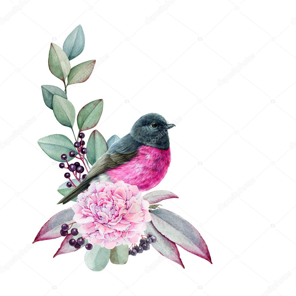 Hermoso arreglo floral de eucalipto de ave robin rosa. Ilustración en ...